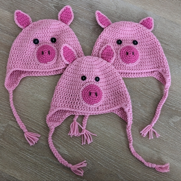 Handmade | Accessories | 3 Handmade Crotchet Pig Hats 2 Adult Child ...